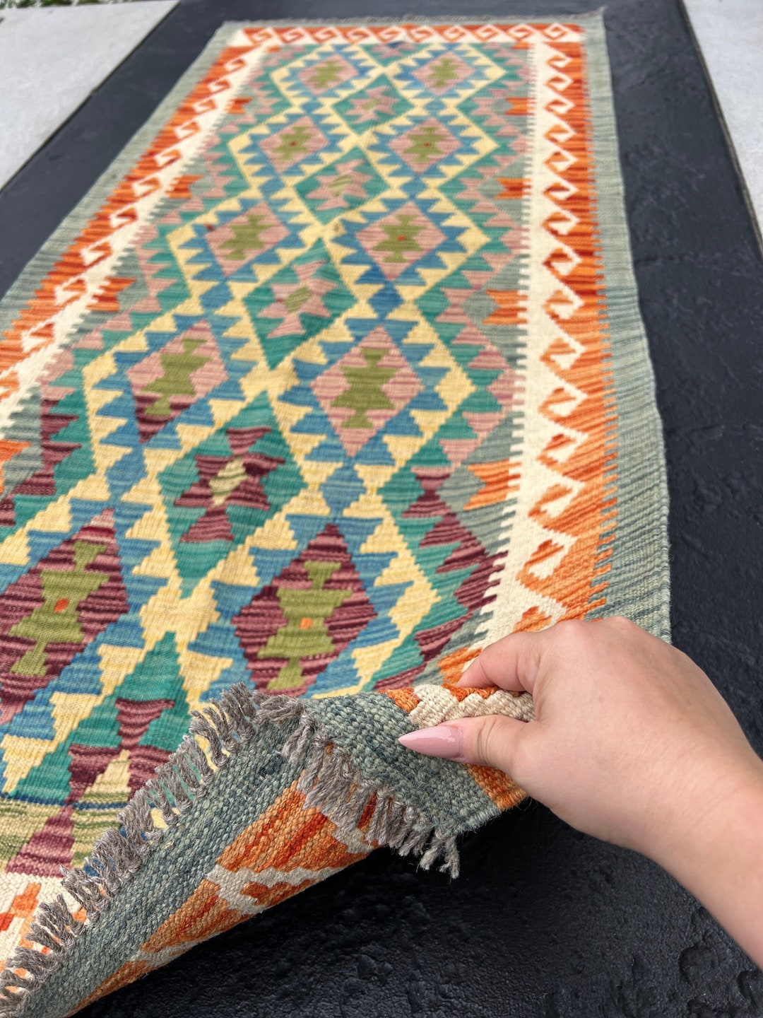 3x7 (100x200) Handmade Afghan Kilim Runner Rug | Sage Grey Burnt Orange ...