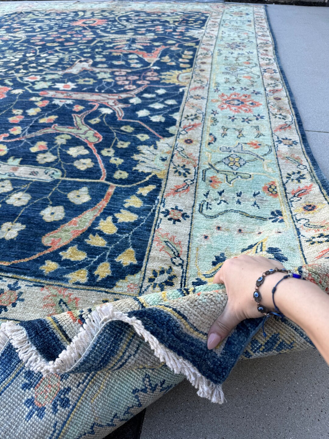 10x14 Handmade Afghan Rug | Midnight Blue Light Blue Yellow Olive Green ...