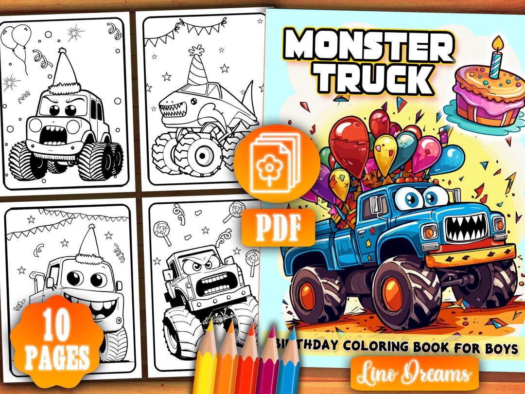 Monster Truck Birthday Boy Coloring Pages, Kids Birthday Party Gift ...
