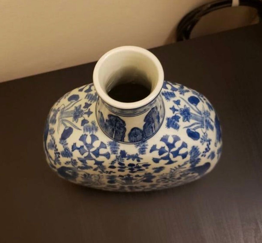 Vintage Chinese Vase Blue White Moon Flask Chinoiserie Vase - Etsy