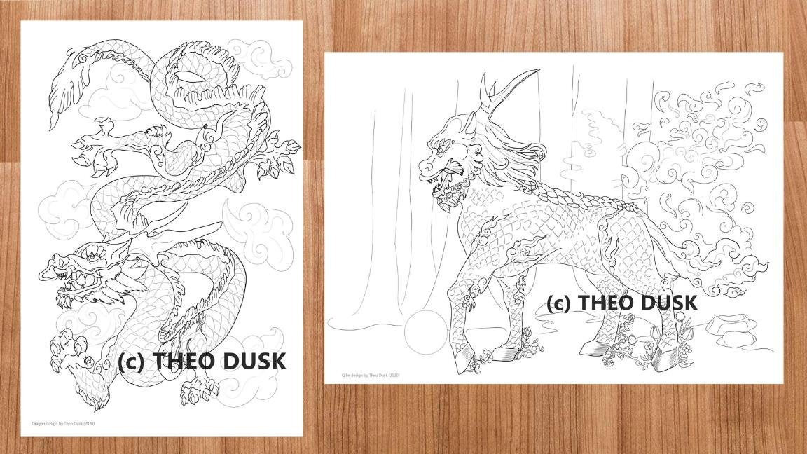 Printable Coloring Page-Chinese Dragon & Qilin-Coloring for | Etsy