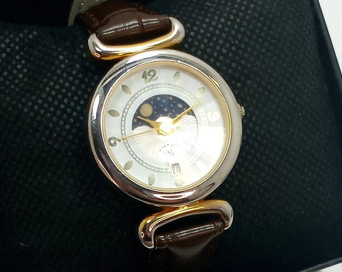 Vintage WRANGLER Quartz Gold Tone Moon Phase Watch Time Date New Brown ...