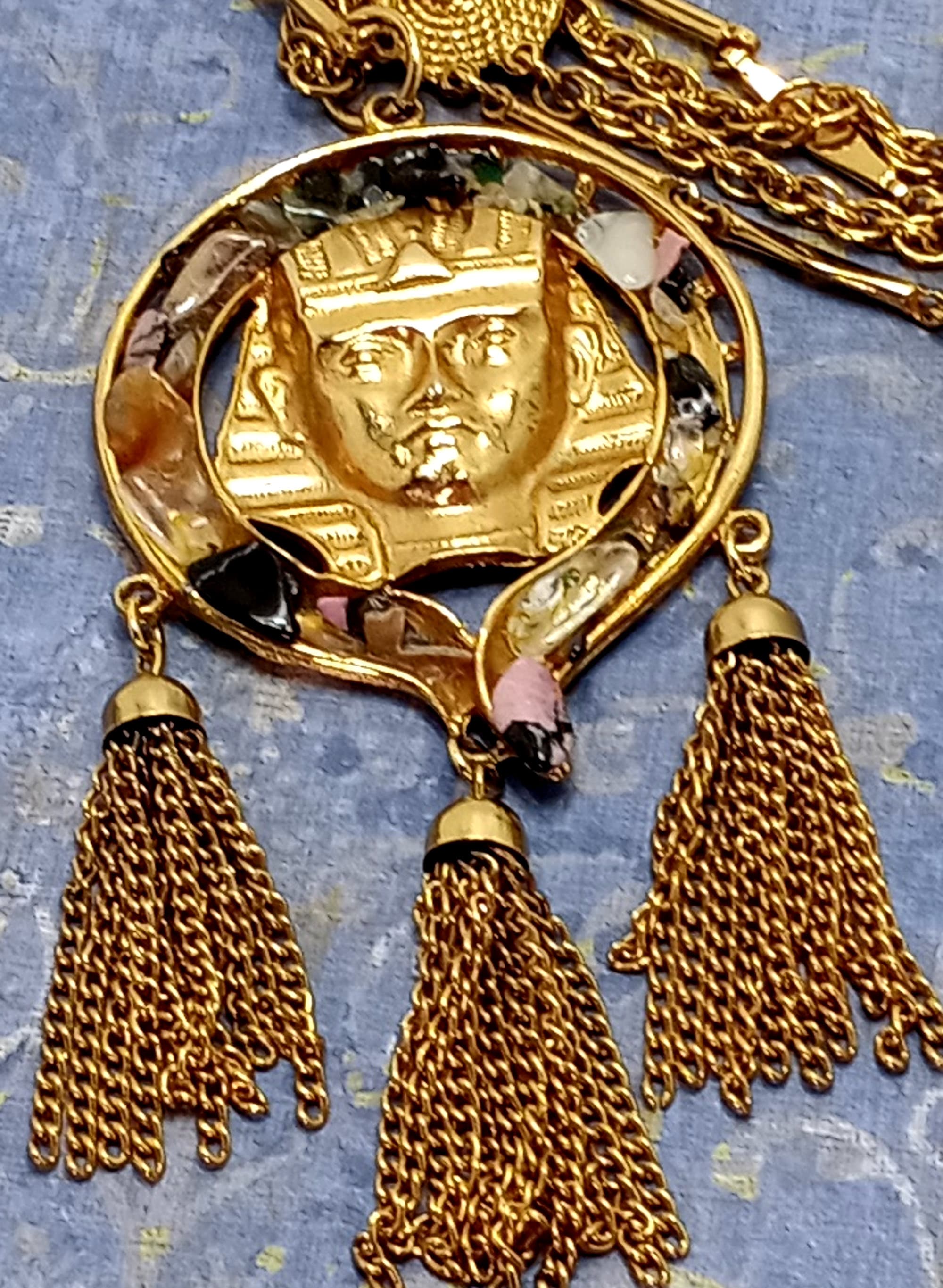 Vintage Gold Tone Egyptian Revival Tut Style Large Pendant Necklace ...