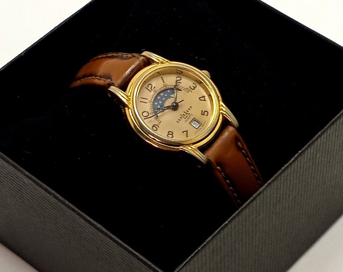 Vintage LA Express Nelsonic Moon Phase Watch Time Date Original Brown ...