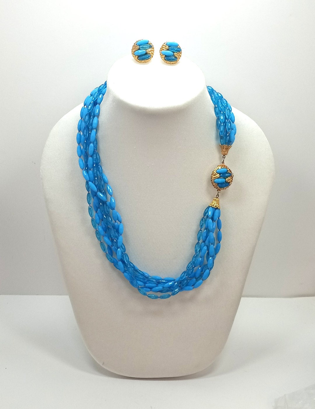 Vintage Turquoise Blue Lucite Multi Strand Pressed Molded Bead Ornate ...
