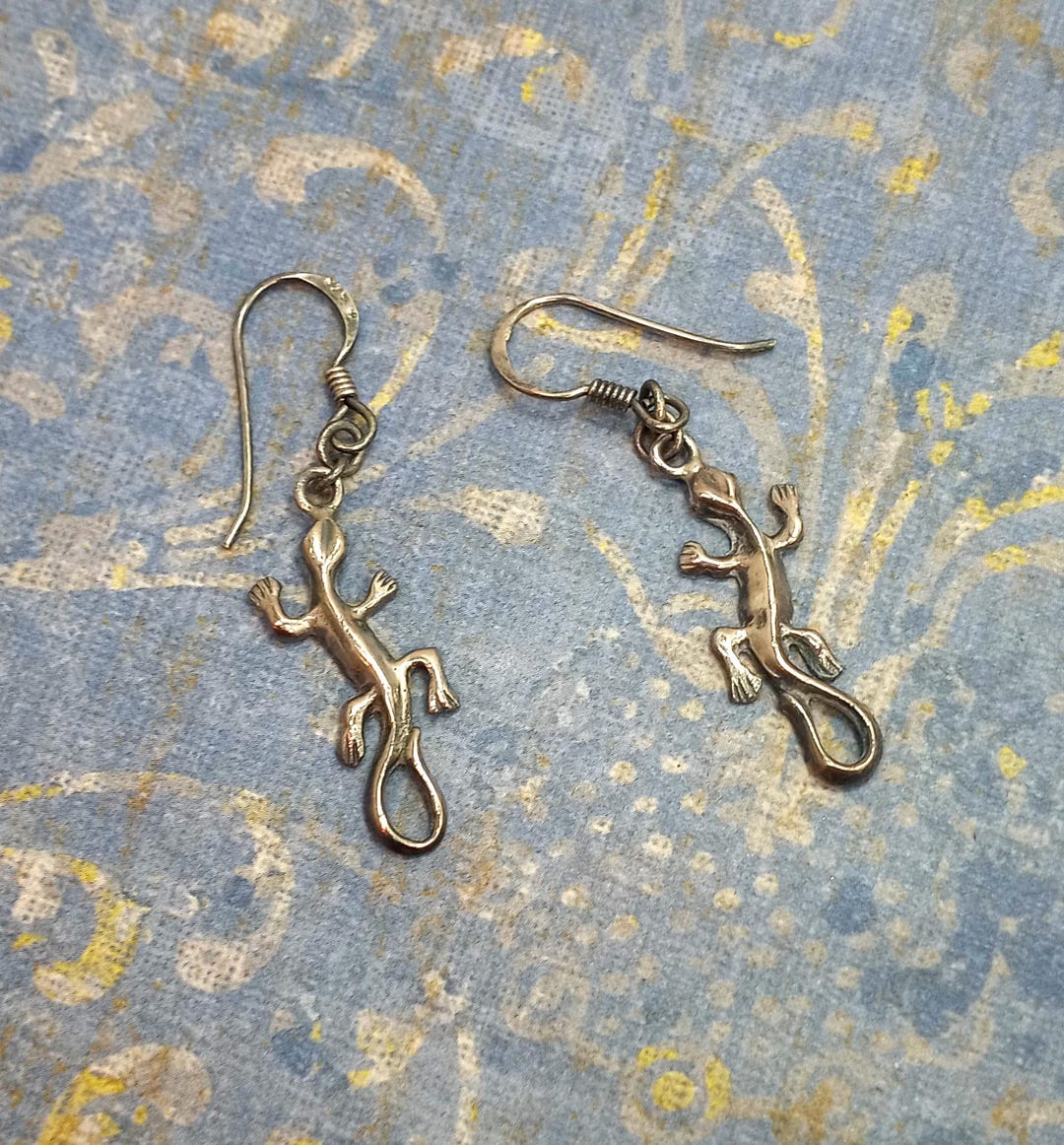 Vintage Sterling Silver Gecko Lizard Dangle Earrings Pierced Ear Hook ...