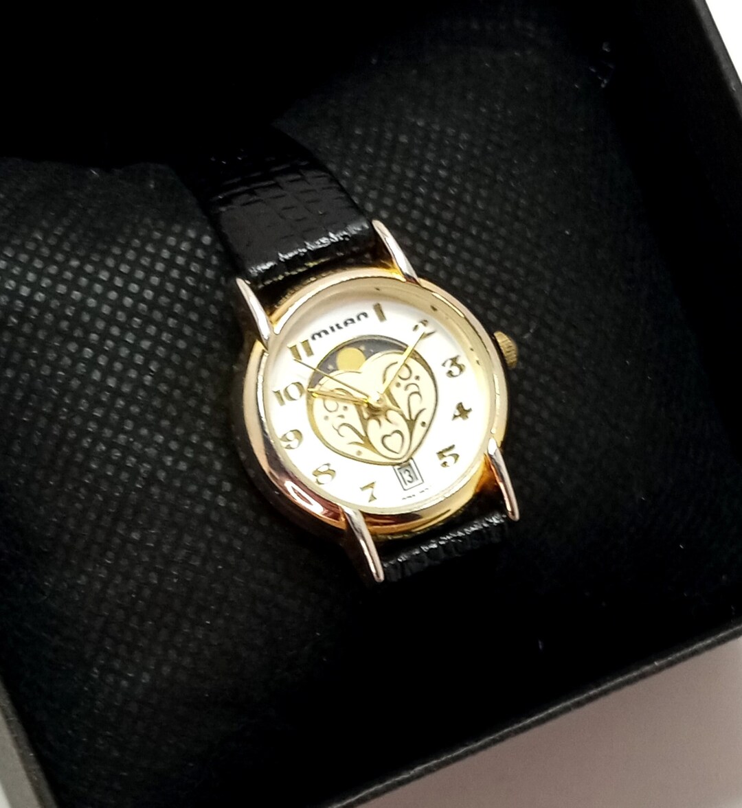 Vintage Milan Quartz Slender Moon Phase Watch Time Date Gold Tone Black ...