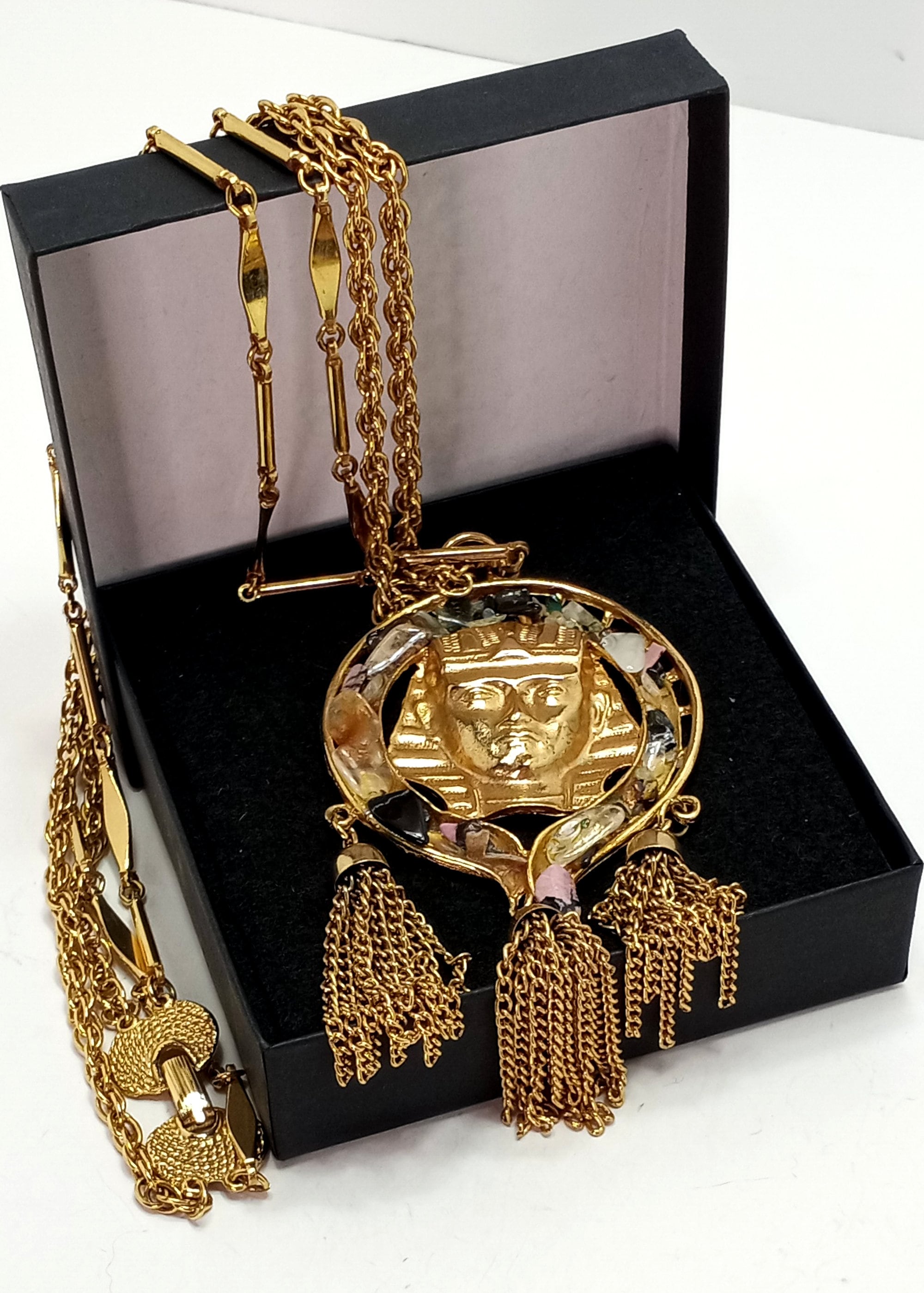 Vintage Gold Tone Egyptian Revival Tut Style Large Pendant Necklace ...
