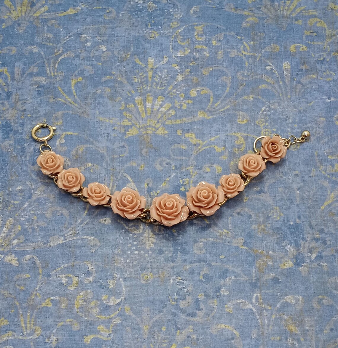 Vintage Bijou Brigitte Rose Bracelet: Gold Tone Curb Chain, Coral Pink ...