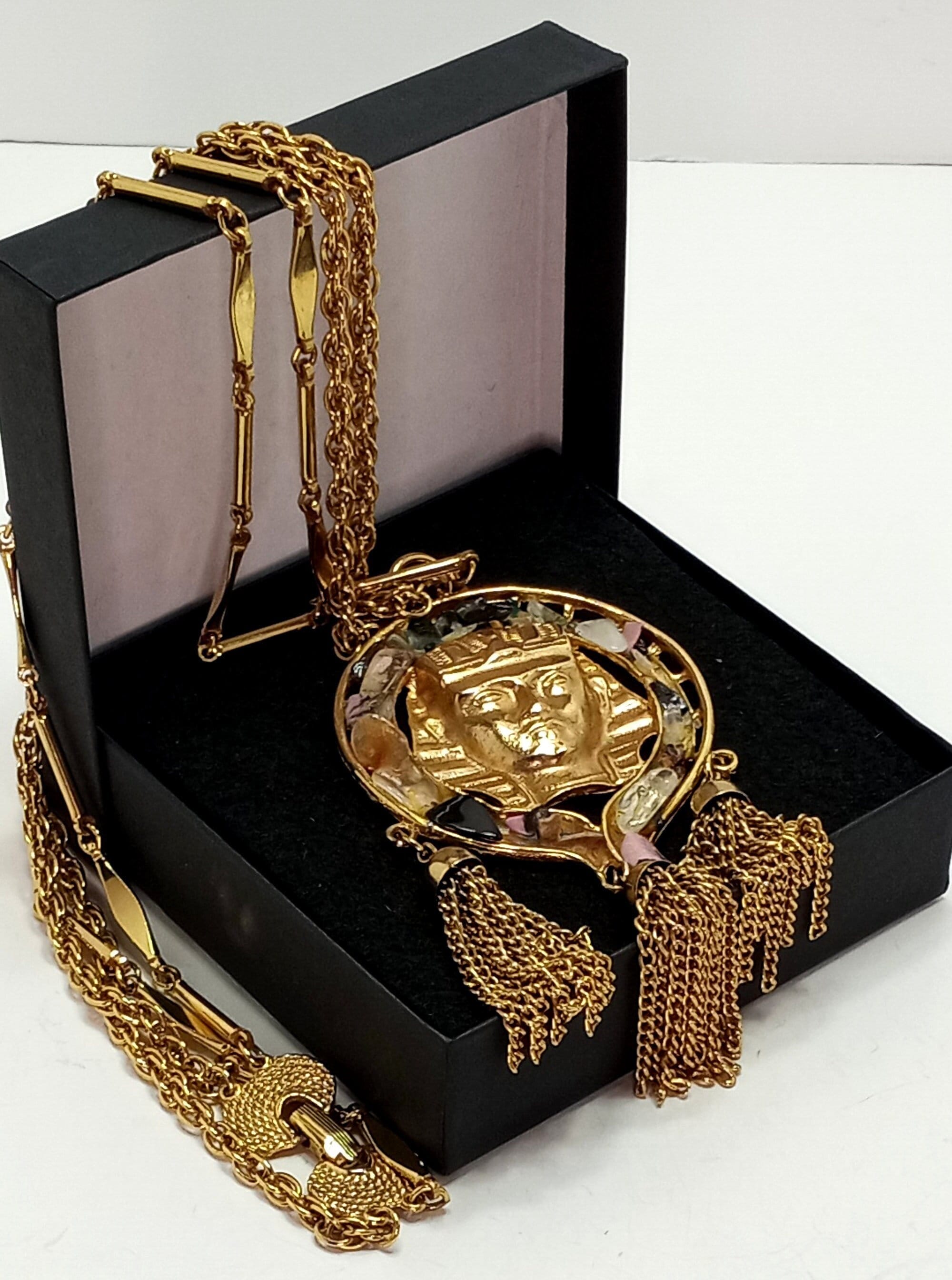 Vintage Gold Tone Egyptian Revival Tut Style Large Pendant Necklace ...