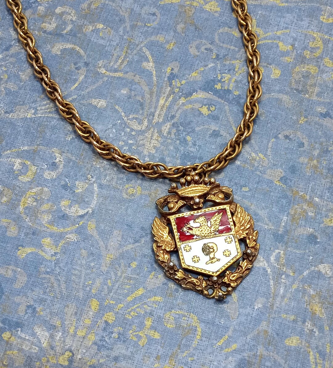 Vintage CORO Heraldic Shield Coat of Arms Pendant Bronze Enamel Gold ...