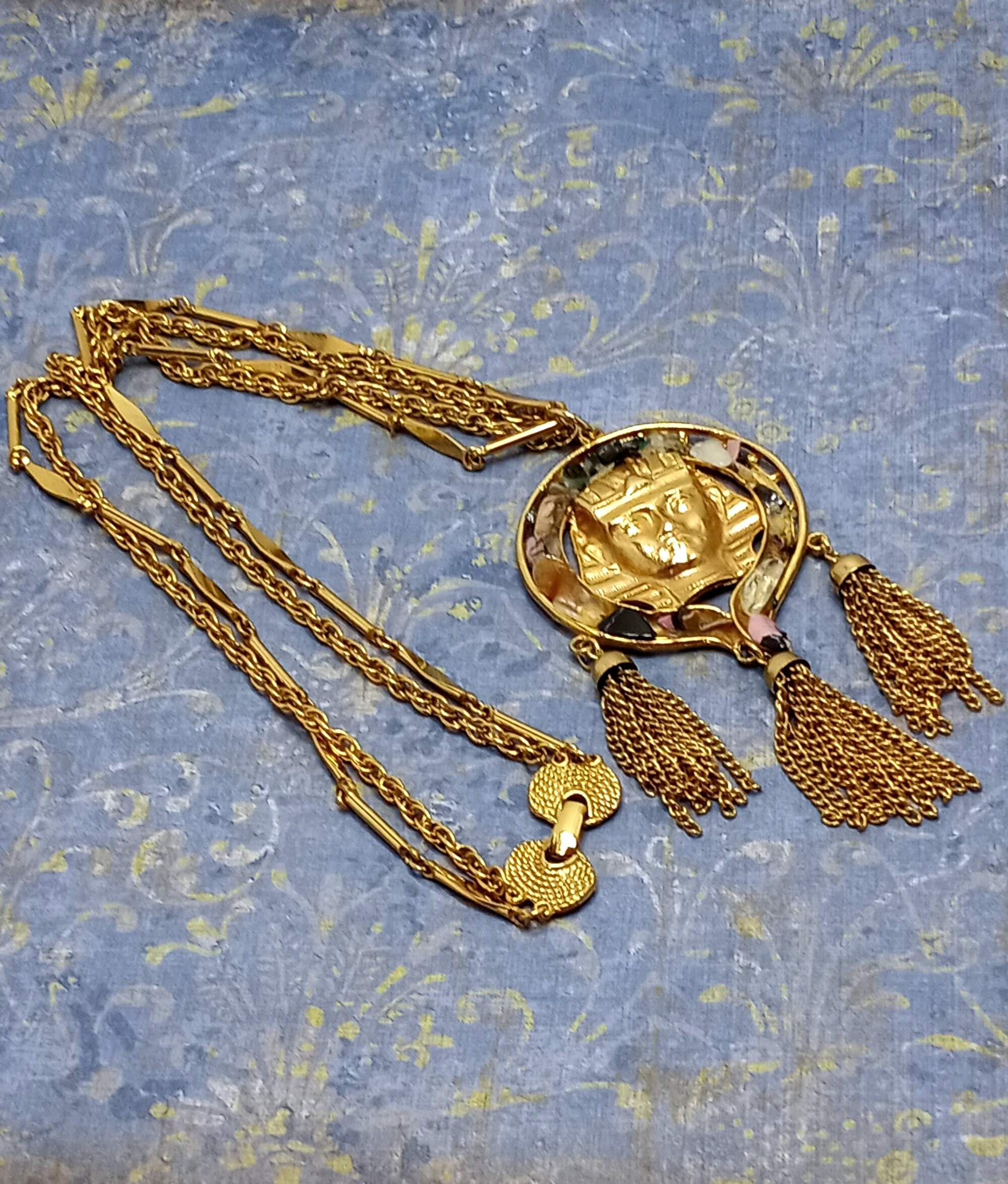 Vintage Gold Tone Egyptian Revival Tut Style Large Pendant Necklace ...