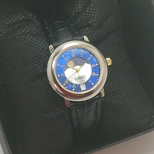 Vintage GITANO Sun Moon Phase Time Date Dial Gold Tone Dark Blue Face ...