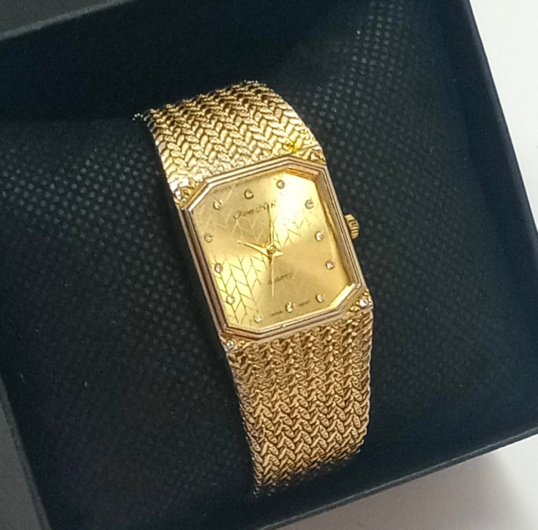 Vintage RENEE NICOL Quartz Gold Tone Mesh Band Square Face Crystal ...