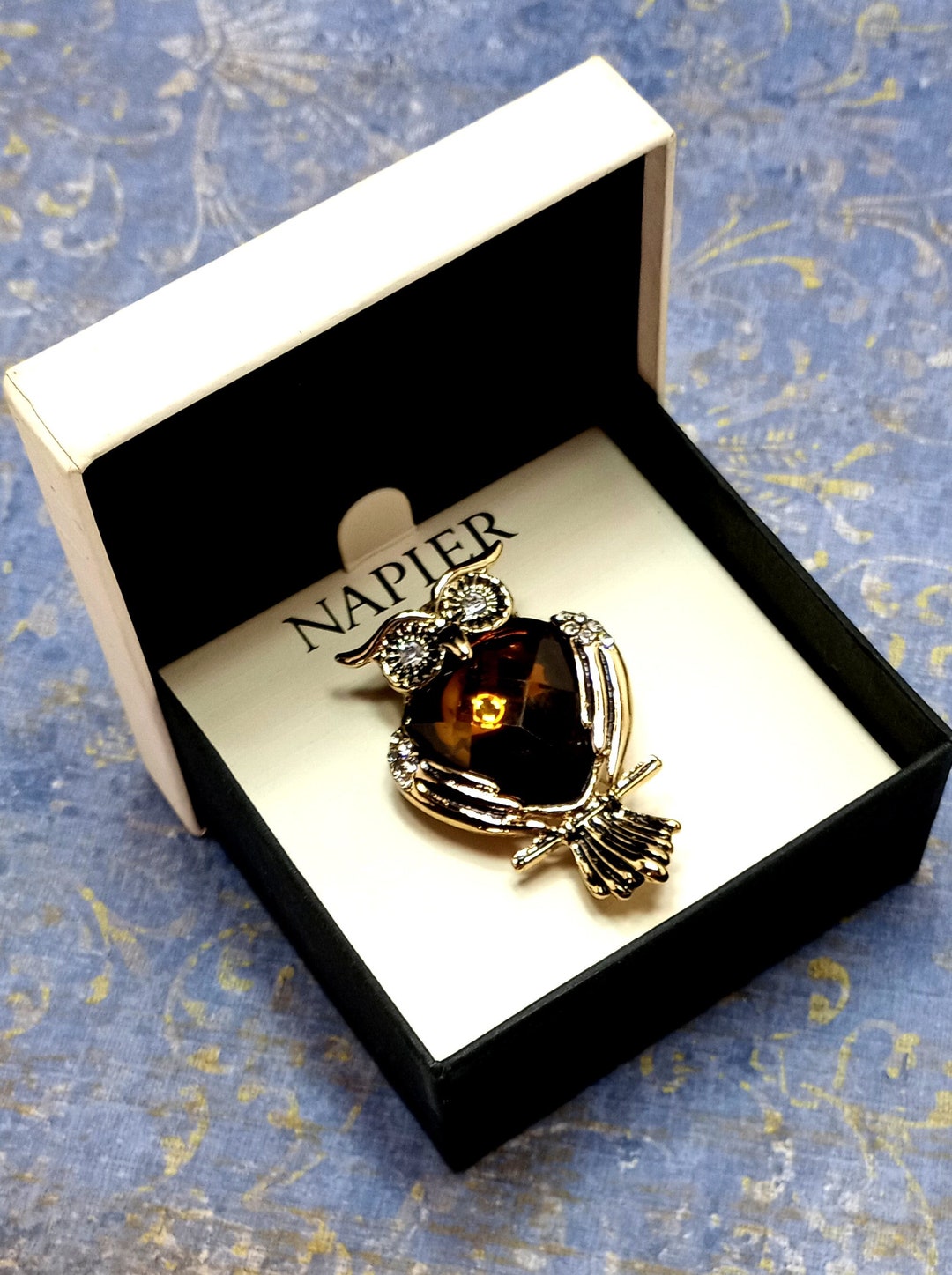 Vintage NAPIER Owl Brooch Gold Tone Clear Brown Rhinestone Belly ...