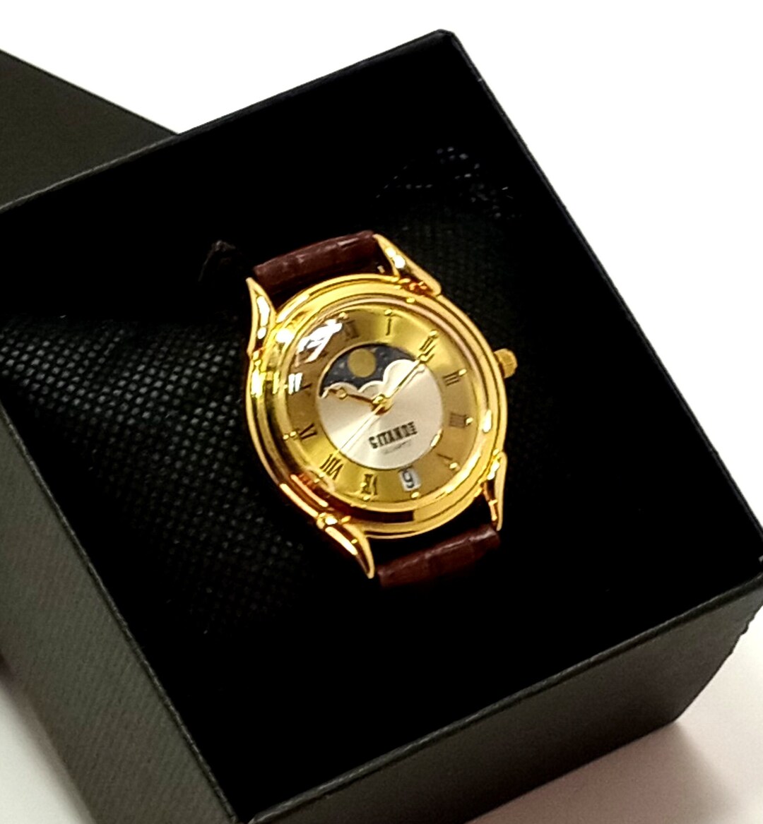 Vintage GITANO Quartz Moon Phase Watch Time Date Gold Tone Brown ...