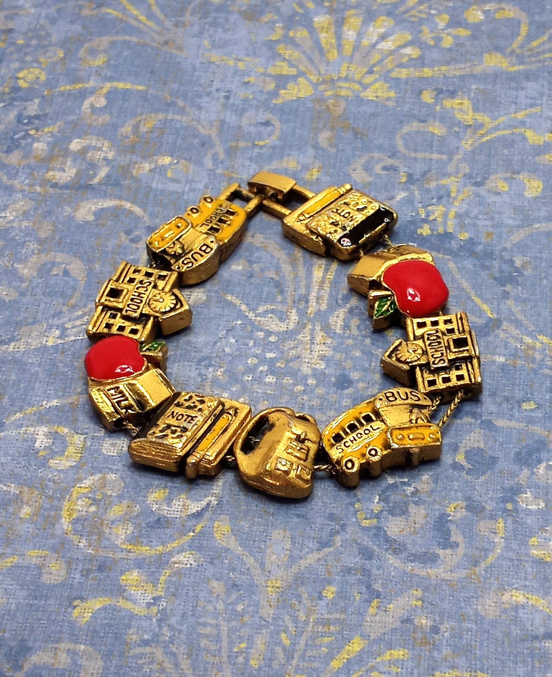 Vintage Gold Tone School Themed Slider Charm Bracelet Enamel Gift for ...
