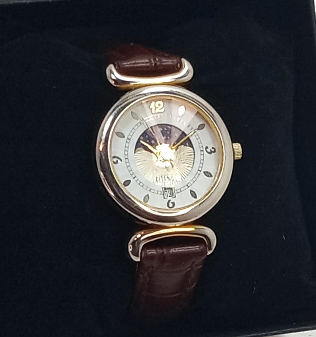 Vintage GITANO Quartz Gold Tone Moon Phase Watch Time Date New Brown ...