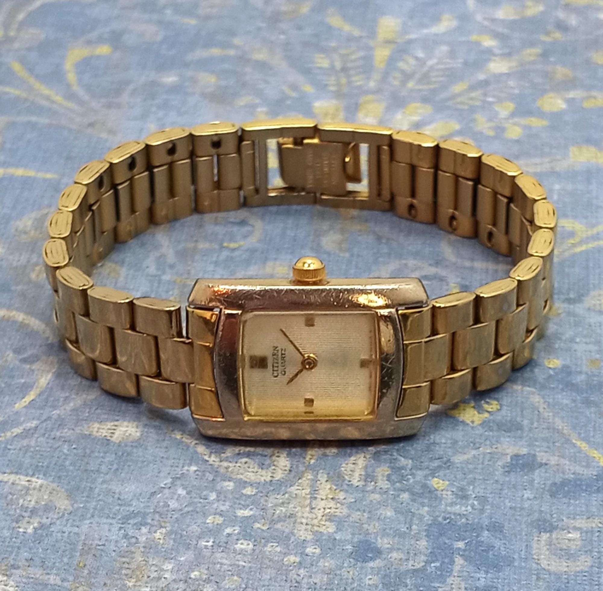 Vintage CITIZEN Quartz Wrist Watch Gold Tone Rectangular Dial Slender ...