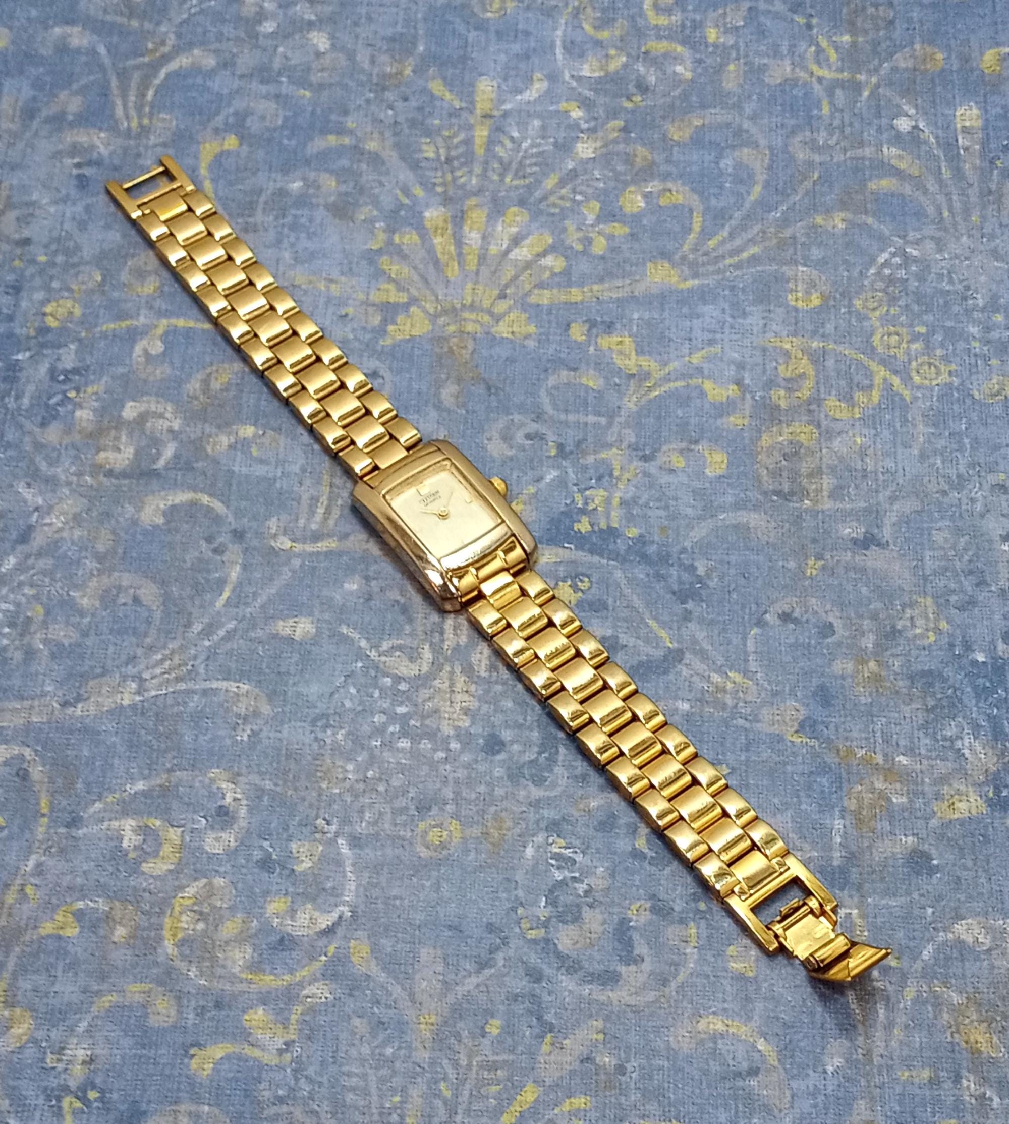 Vintage CITIZEN Quartz Wrist Watch Gold Tone Rectangular Dial Slender ...