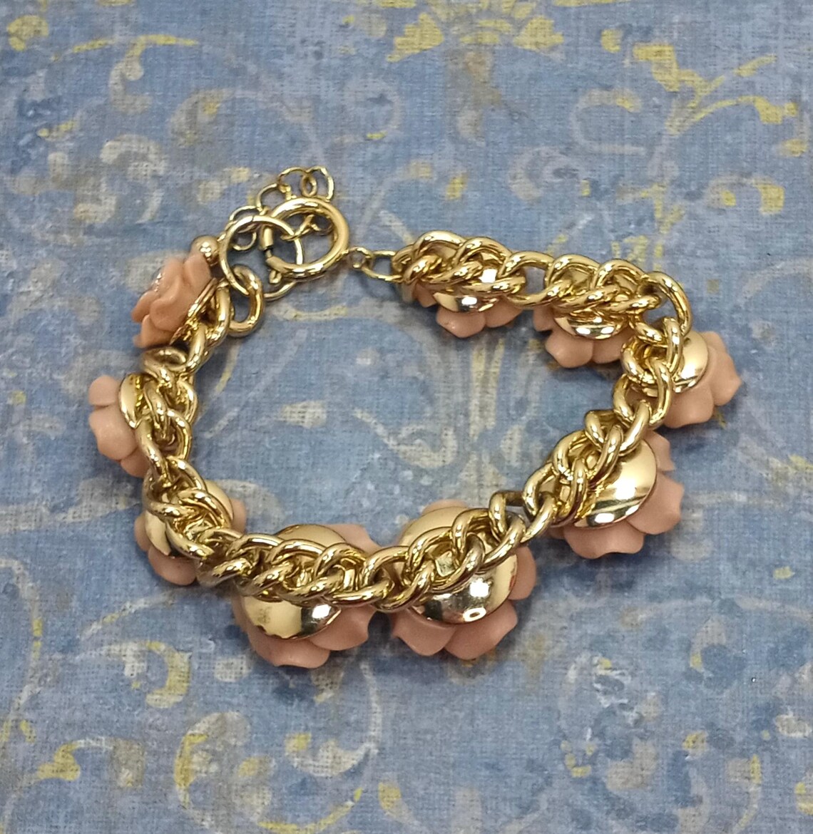 Vintage Bijou Brigitte Rose Bracelet: Gold Tone Curb Chain, Coral Pink ...