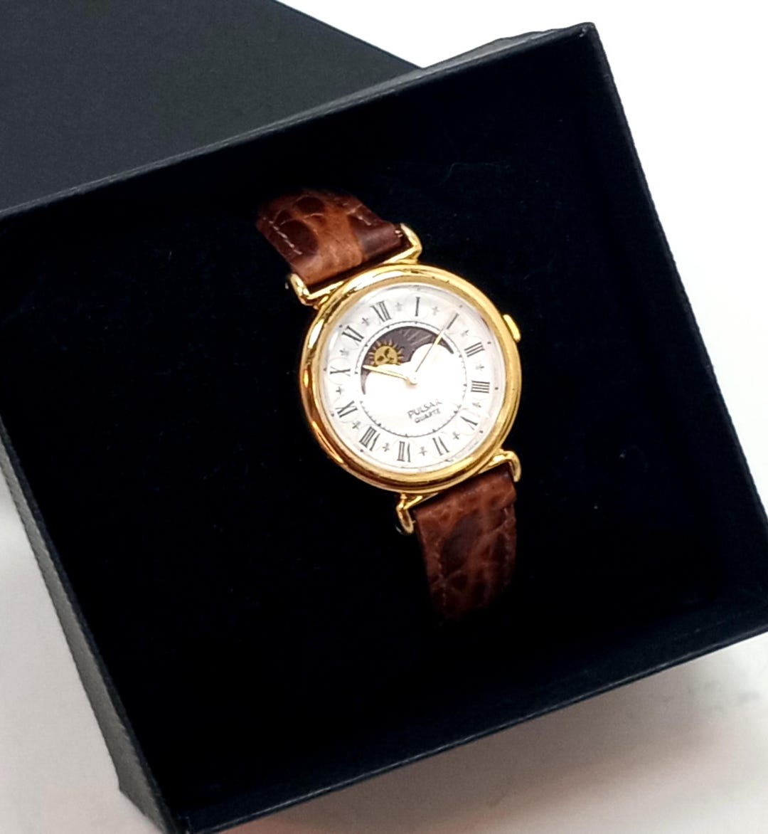 Vintage Pulsar (seiko) Moonphase Watch Brown Leather Band Moon Phase ...