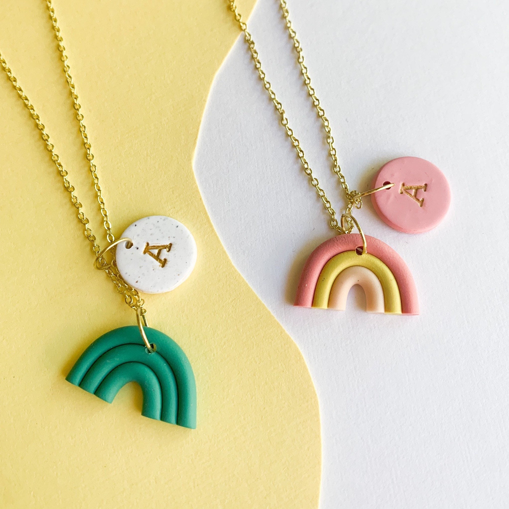 Rainbow Clay Name Necklace Monogram Clay Pendant | Etsy