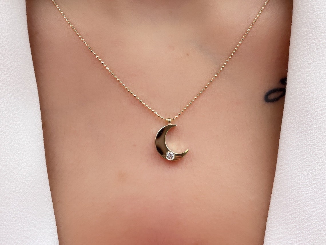14k Solid Gold Moon Pendant Real Gold Moon Necklace With Etsy