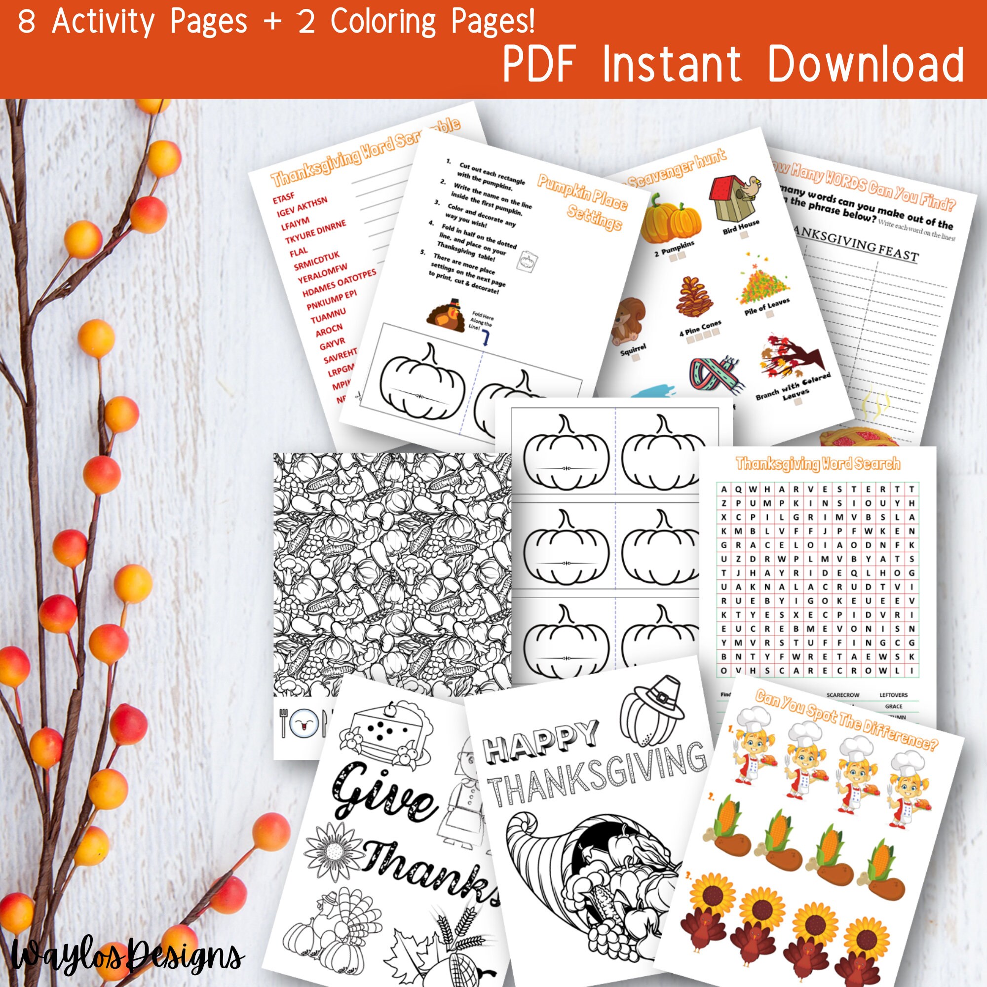 Thanksgiving Kids Activity Printable Pack Thanksgiving Activity Pages ...