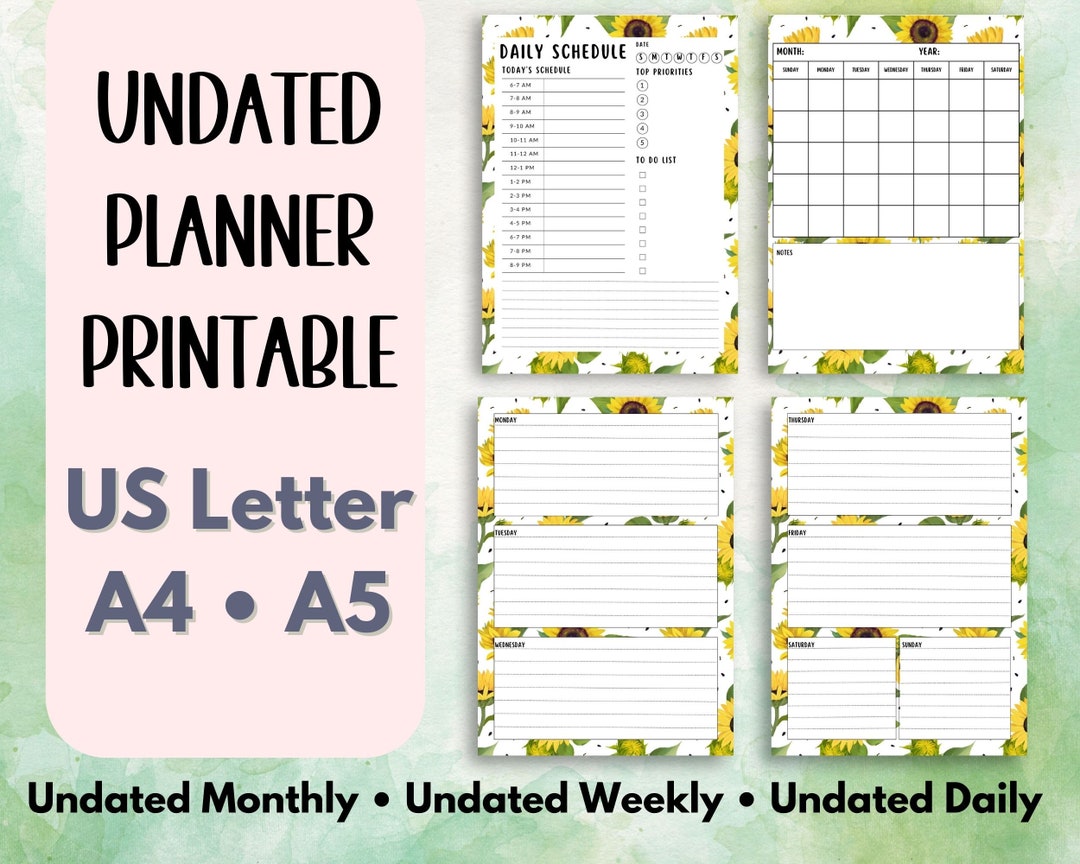 Undated Planner Template Sunflower Background Coworker Gift Office ...