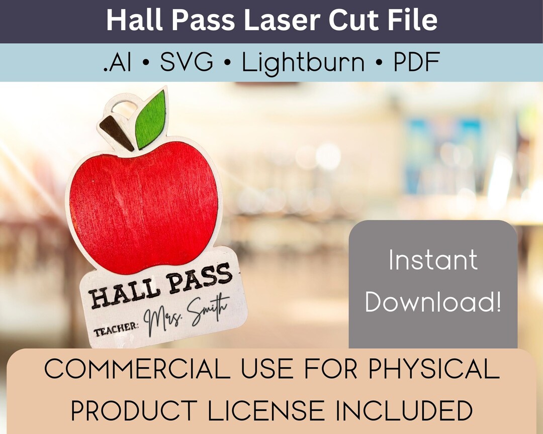 Teacher Hall Pass SVG: Apple Classroom Decor, Customizable Laser Cut ...
