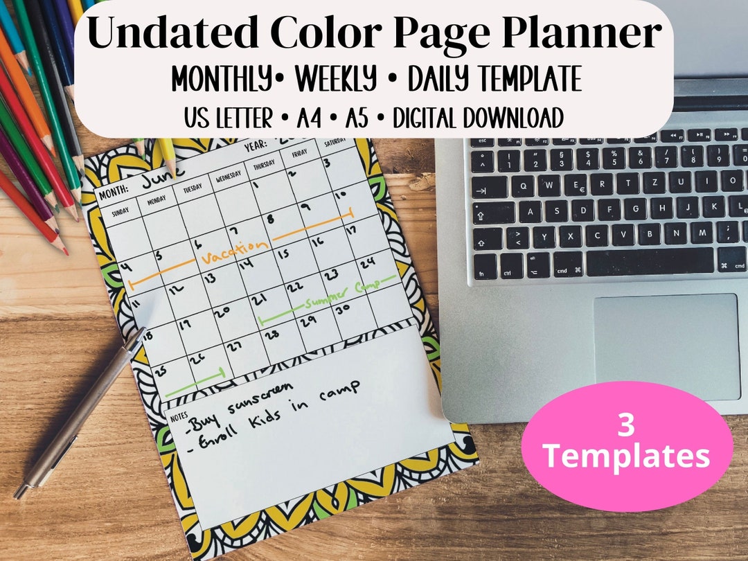 Undated Planner Template, Coloring Page Borders, Coworker Gift for ...