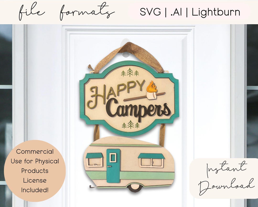 Happy Camper Laser Cut Sign Cut File Two Piece Set | Camper Decor RV ...