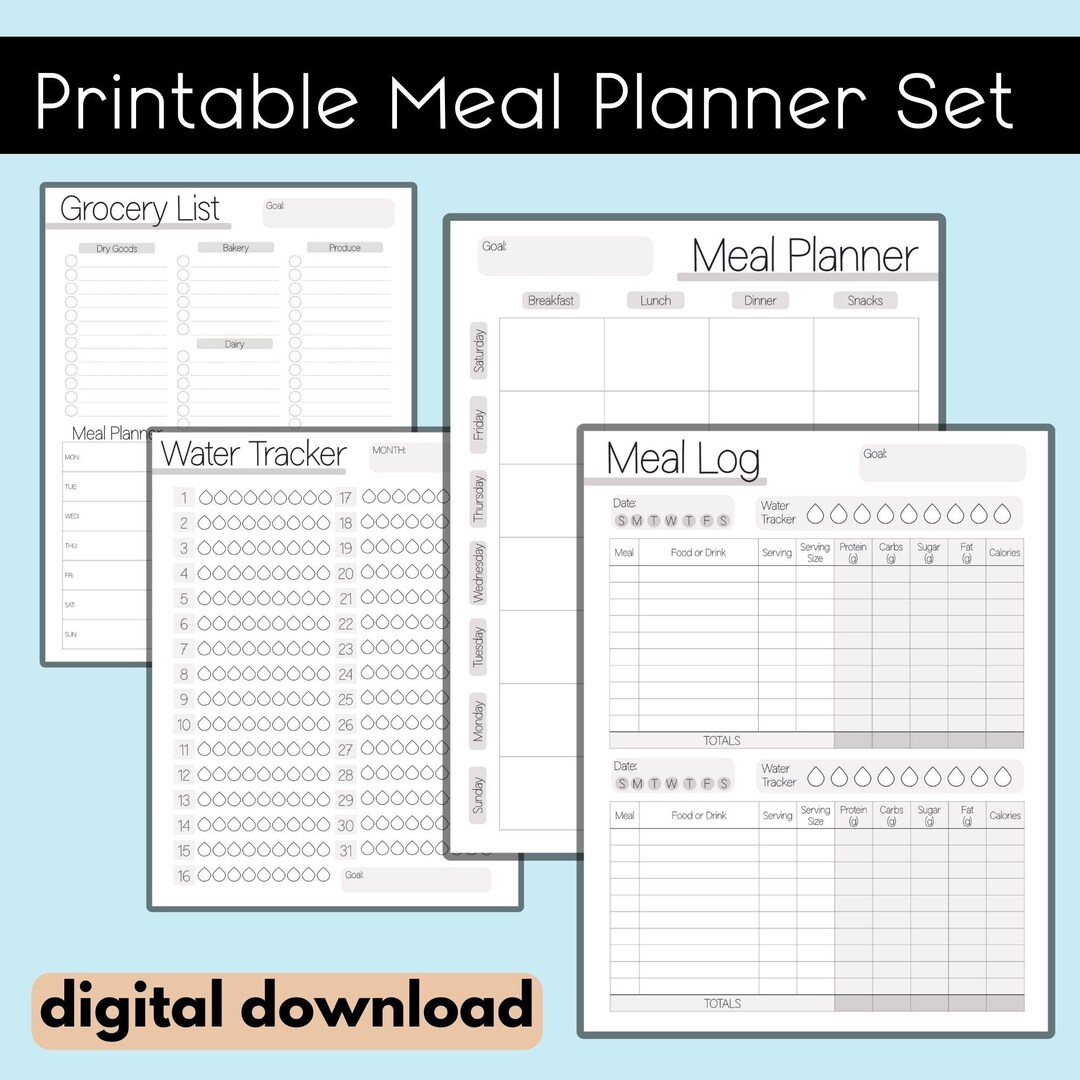 Meal Planner Printable Weekly Meal Planner and Log | Water Tracker ...
