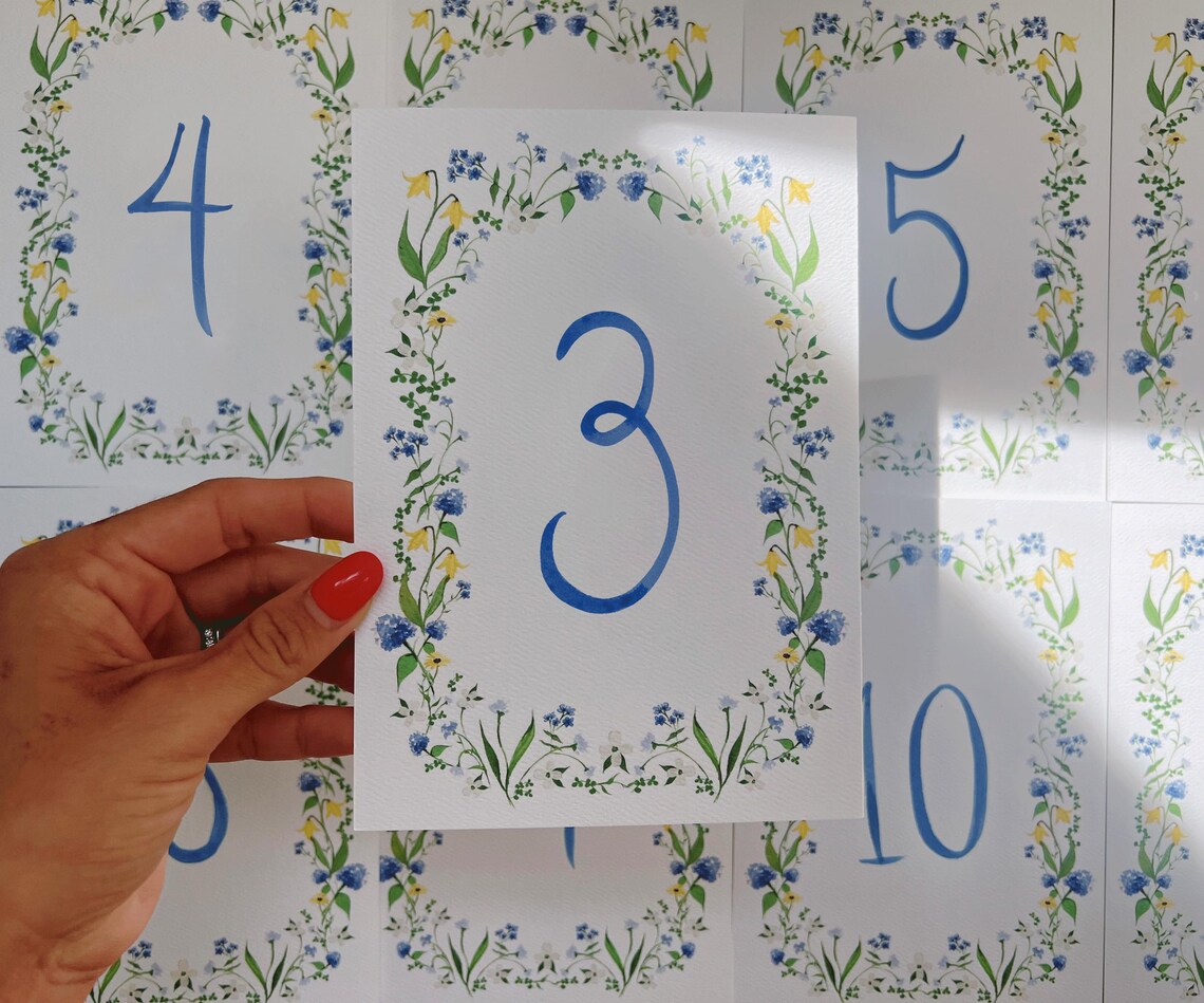 Watercolor Table Numbers | Blue Hand Painted Florals - Etsy