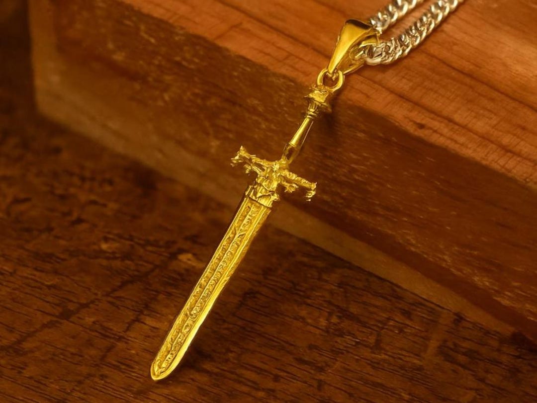 24K Gold Plated Sword of Night and Flame Pendant, S925 Silver Fantasy ...