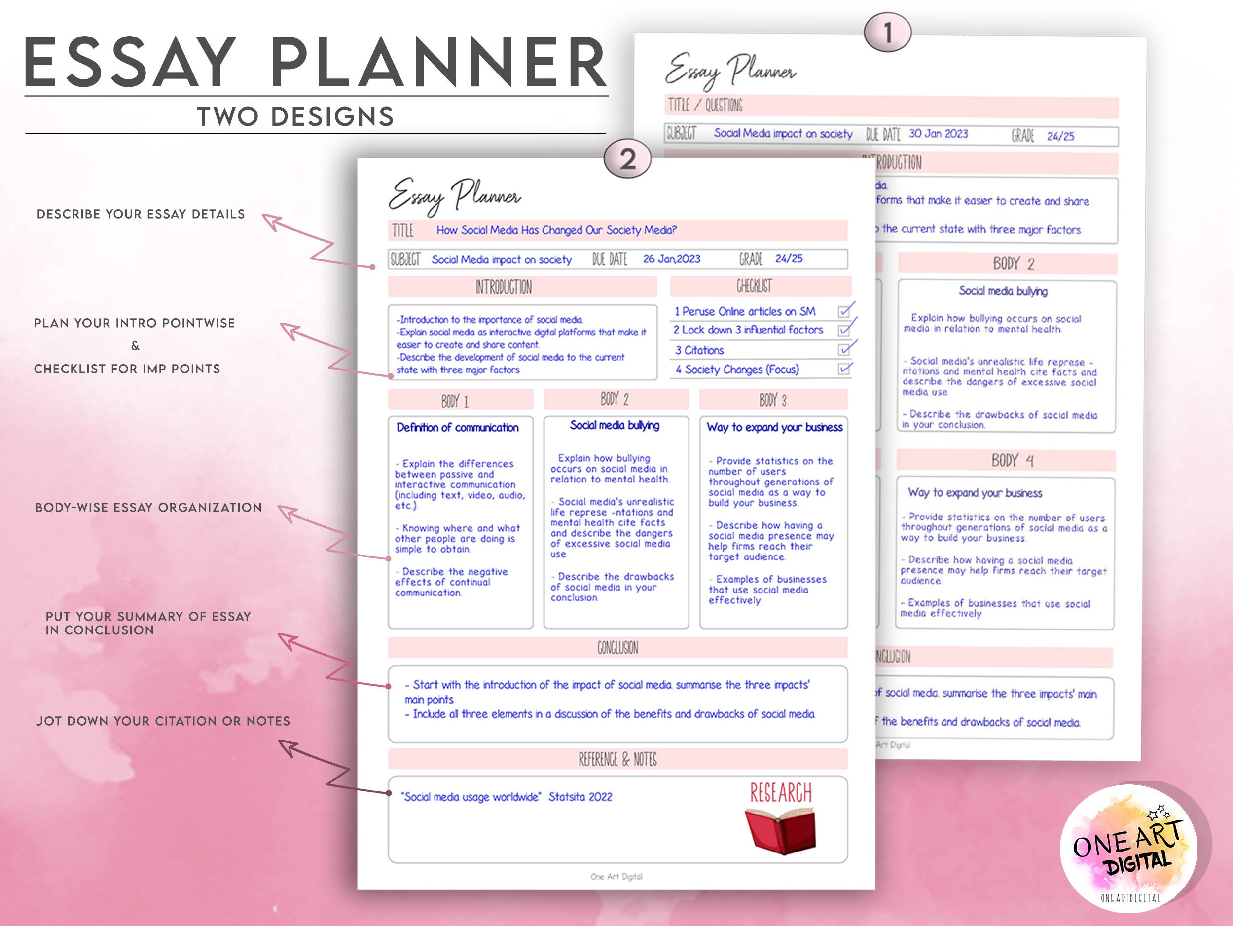 Simple Essay Planner Printable 8pg BUNDLE | 160 Free PNG Sticky Notes ...