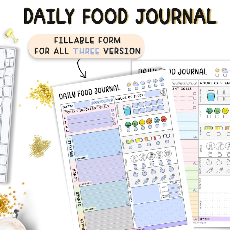 Editable Daily Food Journal | Diet and Calorie Tracker | Workout & Mood ...