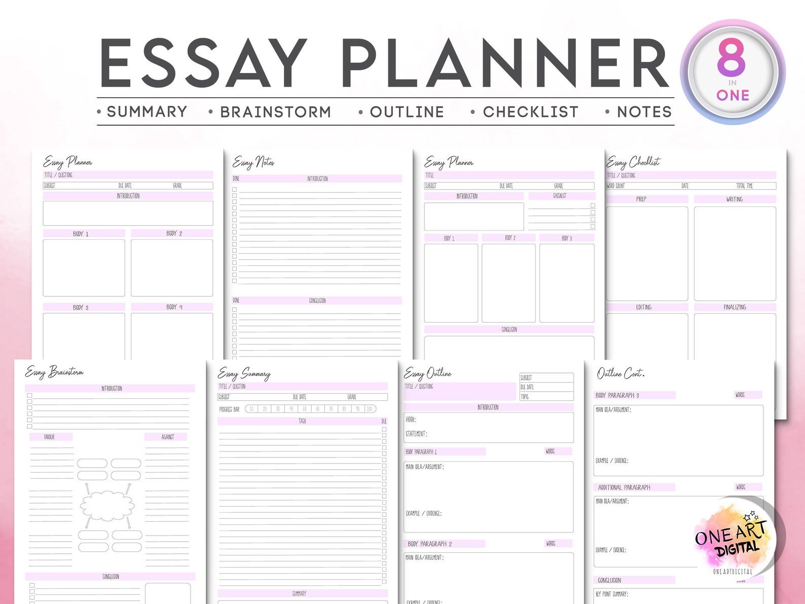 Simple Essay Planner Printable 8pg BUNDLE | 160 Free PNG Sticky Notes ...