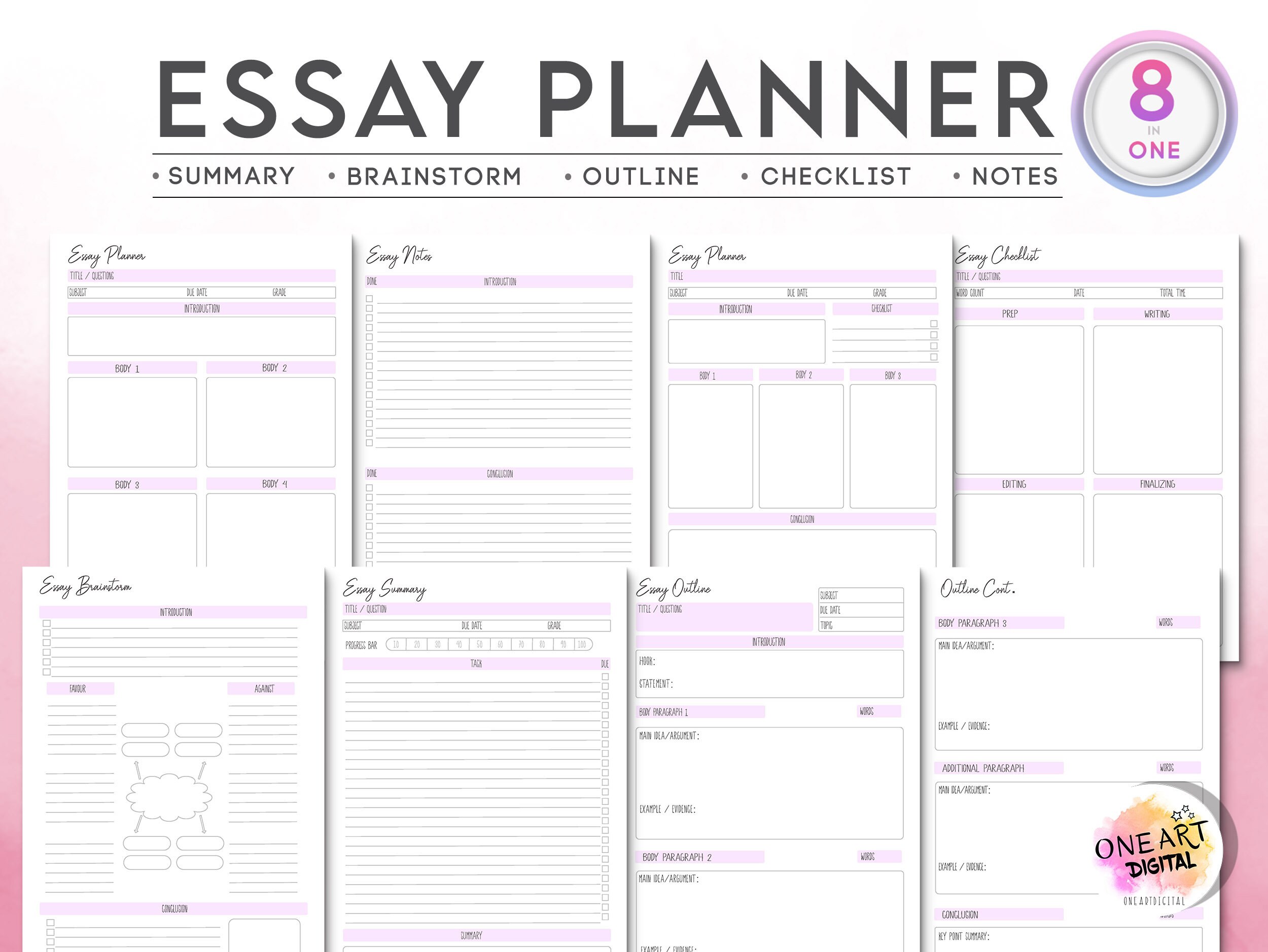 Simple Essay Planner Printable 8pg BUNDLE | 160 Free PNG Sticky Notes ...