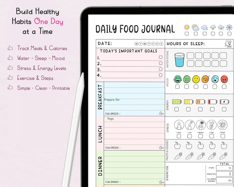 Editable Daily Food Journal | Diet and Calorie Tracker | Workout & Mood ...