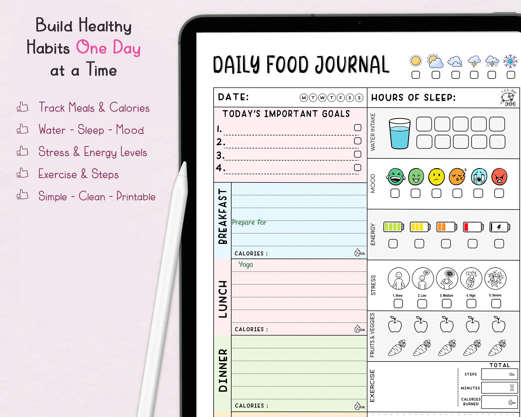 Editable Daily Food Journal | Diet and Calorie Tracker | Workout & Mood ...