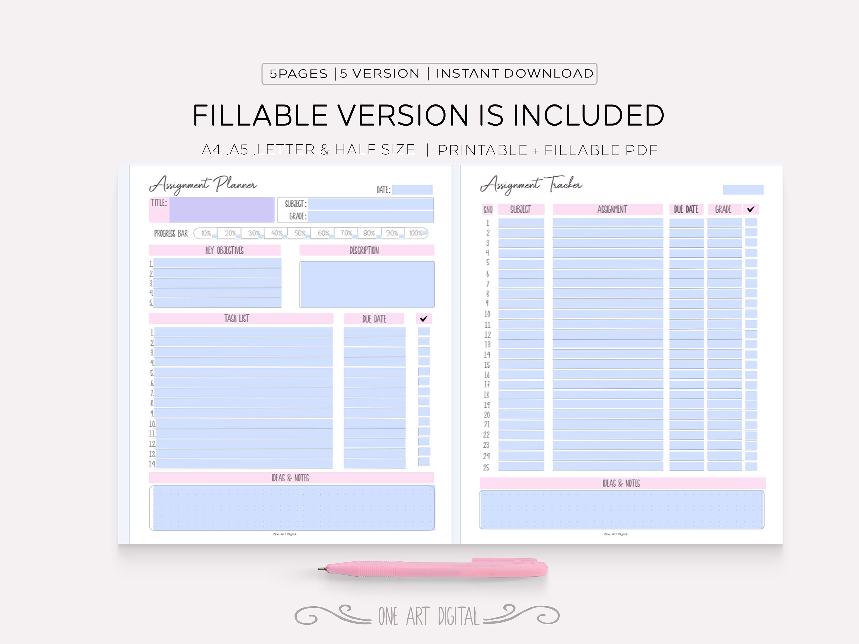 Assignment Tracker Editable & Printable PDF | Assignment Planner ...