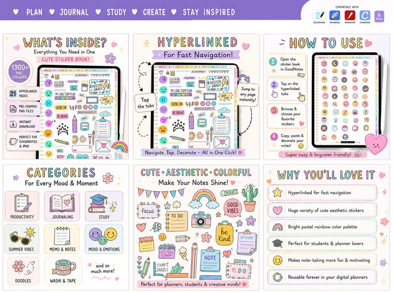 Cute Digital Sticker Book for Goodnotes | 1300+ iPad Planner Stickers ...