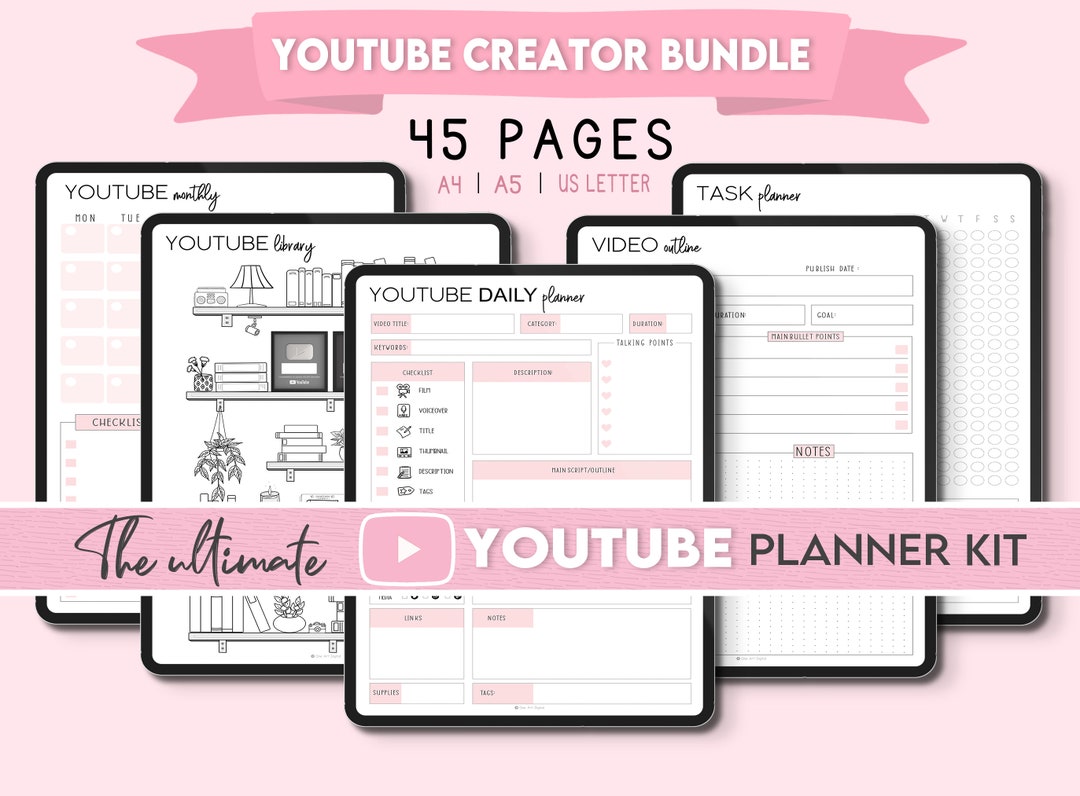 Ultimate Digital Youtube Planner Kit 45 Pg| Social Media Content ...