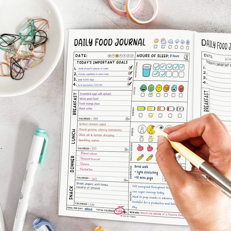 Editable Daily Food Journal | Diet and Calorie Tracker | Workout & Mood ...