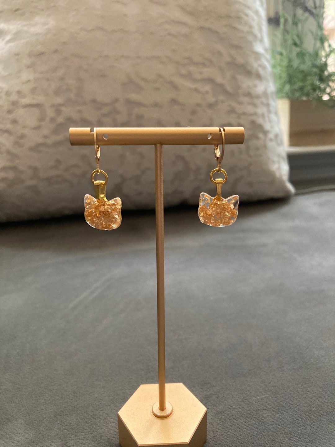 Clear Resin Gold Leaf Flake Kitty Cat Earrings - Etsy