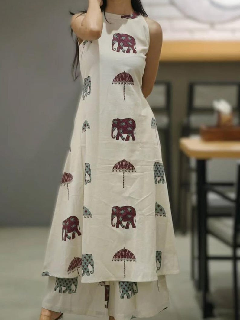 Elephant Print Rayon Kurta Palazzo Set | Sleeveless Indian Outfit - Etsy