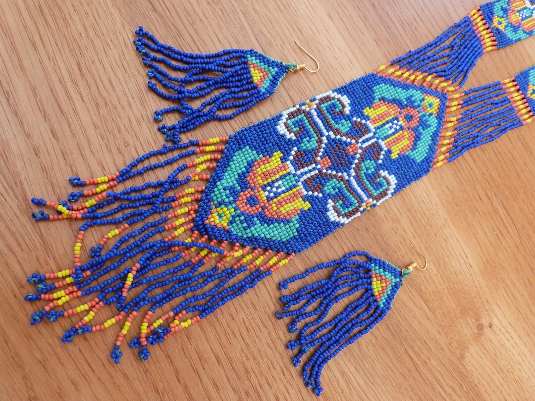 Handmade Beadwork Blue Fire & Water Symbology Necklace With Earings ...