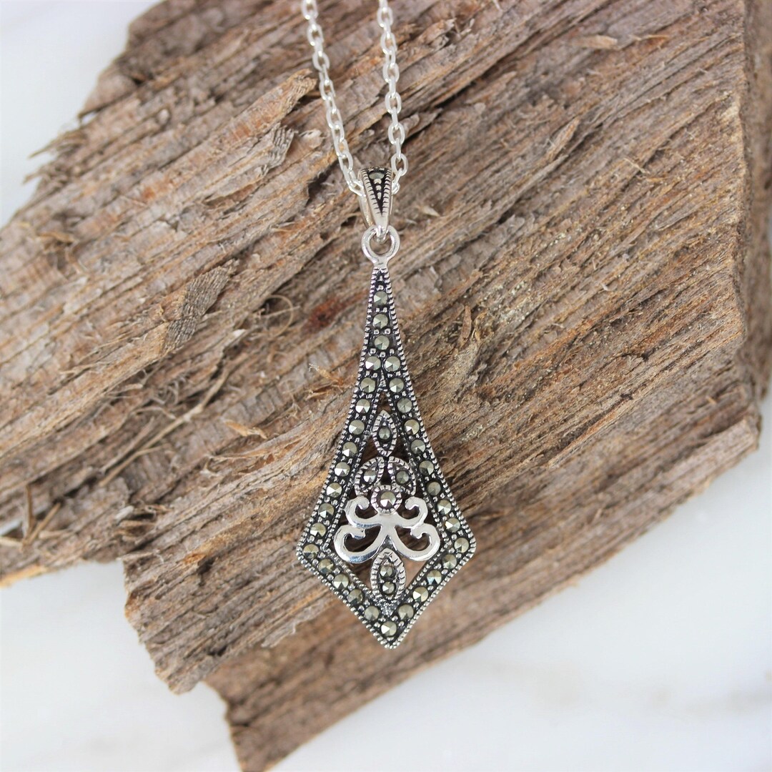 Sterling Silver Marcasite & Kite Shape Pendant Necklace 925 Sterling ...